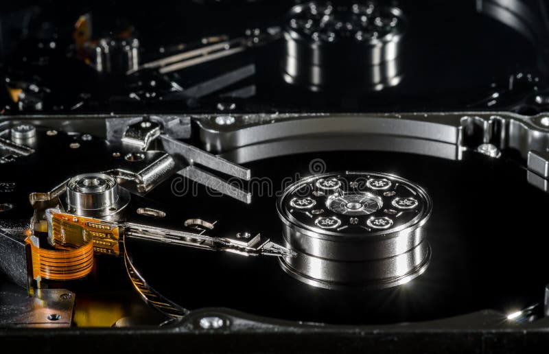 Disassembled and Opened Hard Disk Drive, Inside View with Reflections ...