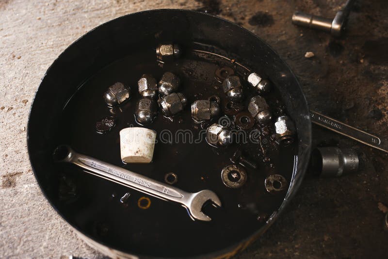 Disassembled Parts of a Car Engine on a Workbench Stock Photo - Image ...