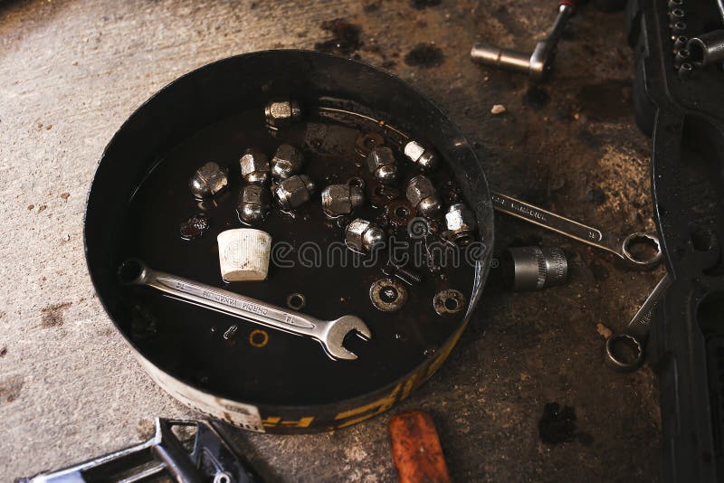 Disassembled Parts of a Car Engine on a Workbench Stock Photo - Image ...