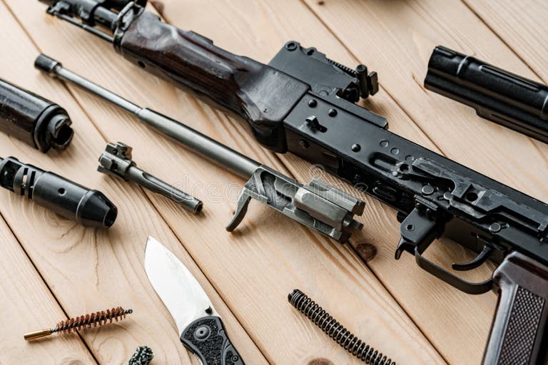 Disassembled Rifle with Cleaning Tools on Table of Weapons Workshop ...