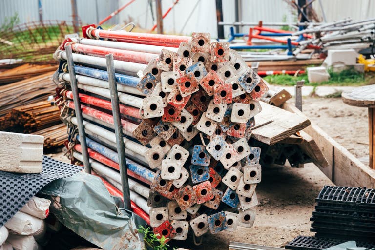 Disassembled Scaffold on Construction Site with Other Tools and ...