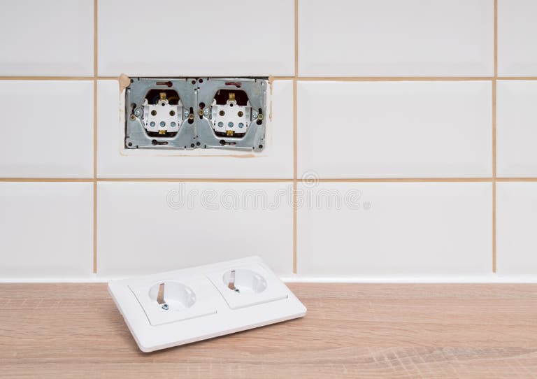Disassembled Socket in the Wall, Ceramic Tiles on the Kitchen Wall ...