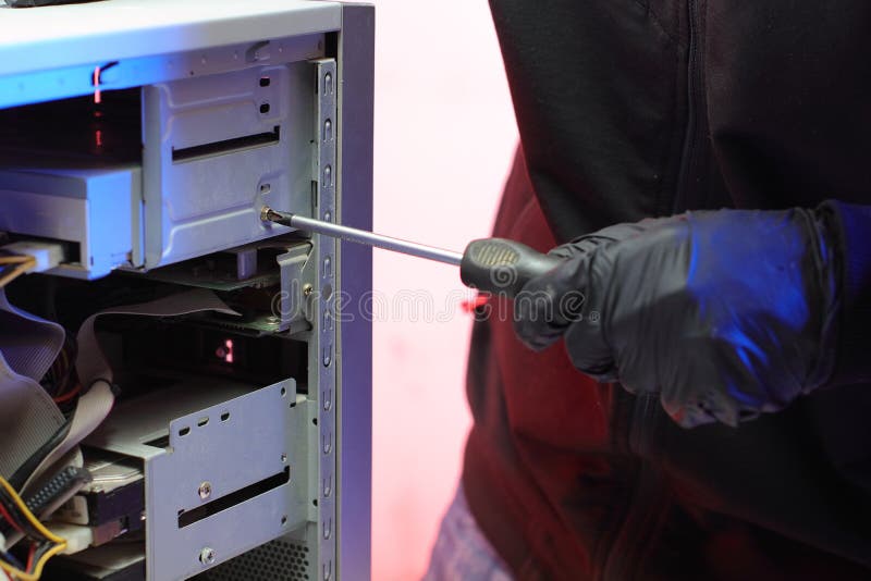 Disassembly of an Old Desktop Computer by a Person on a Table Stock ...