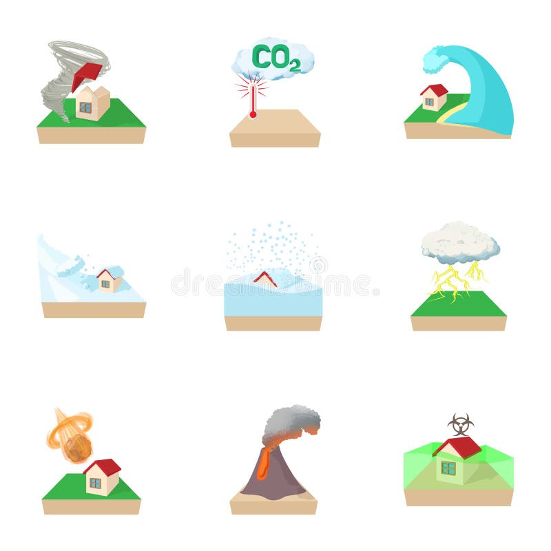 Disaster Icons Set, Cartoon Style Stock Vector - Illustration of ...