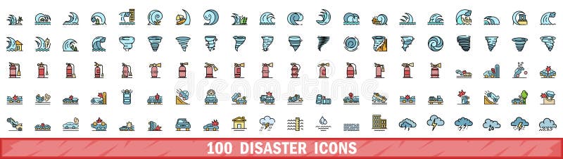 100 Disaster Icons Set, Color Line Style Stock Vector - Illustration of ...