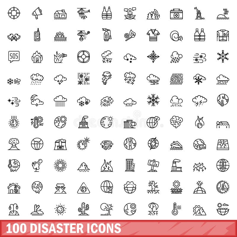 100 Disaster Icons Set, Outline Style Stock Illustration - Illustration ...