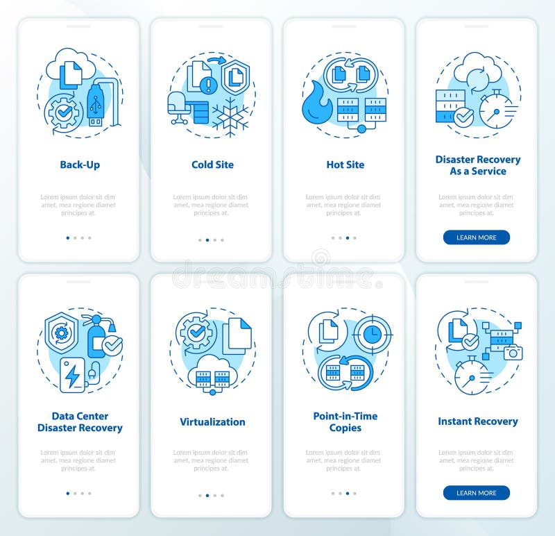 Disaster Recovery Blue Onboarding Mobile App Screens Set Stock ...