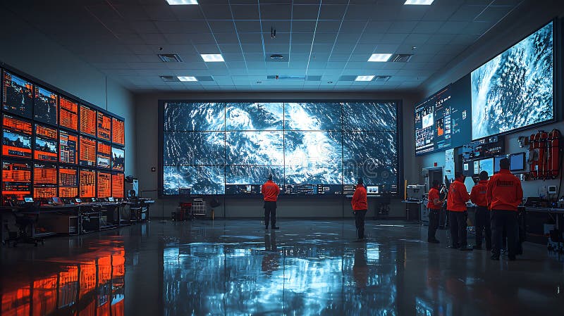 Disaster Relief Coordination Center with Monitors Displaying Storm Data ...