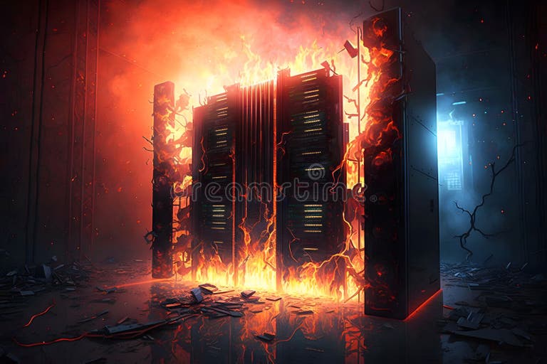 Disaster in Server Room or Data Center Storage Room on Fire Burning ...