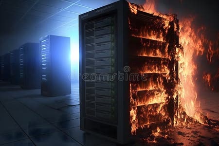 Disaster in Server Room or Data Center Storage Room on Fire Burning ...