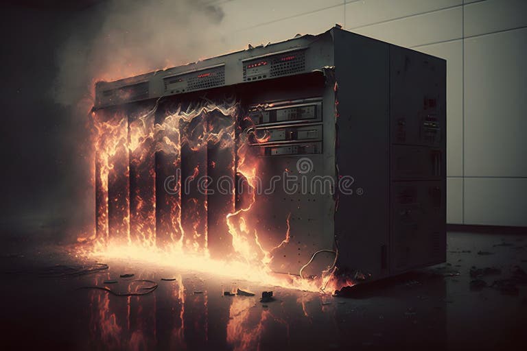 Disaster in Server Room or Data Center Storage Room on Fire Burning ...