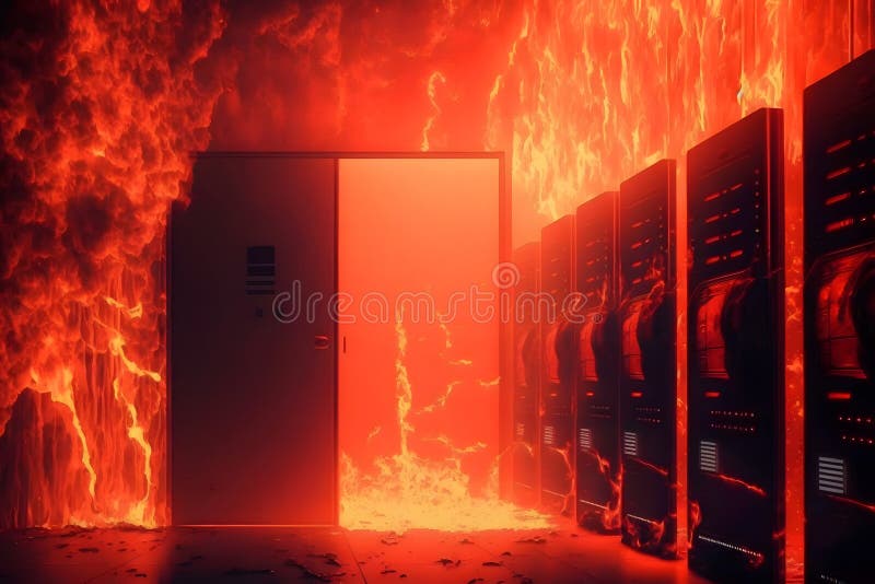 Disaster in Server Room or Data Center Storage Room on Fire Burning ...