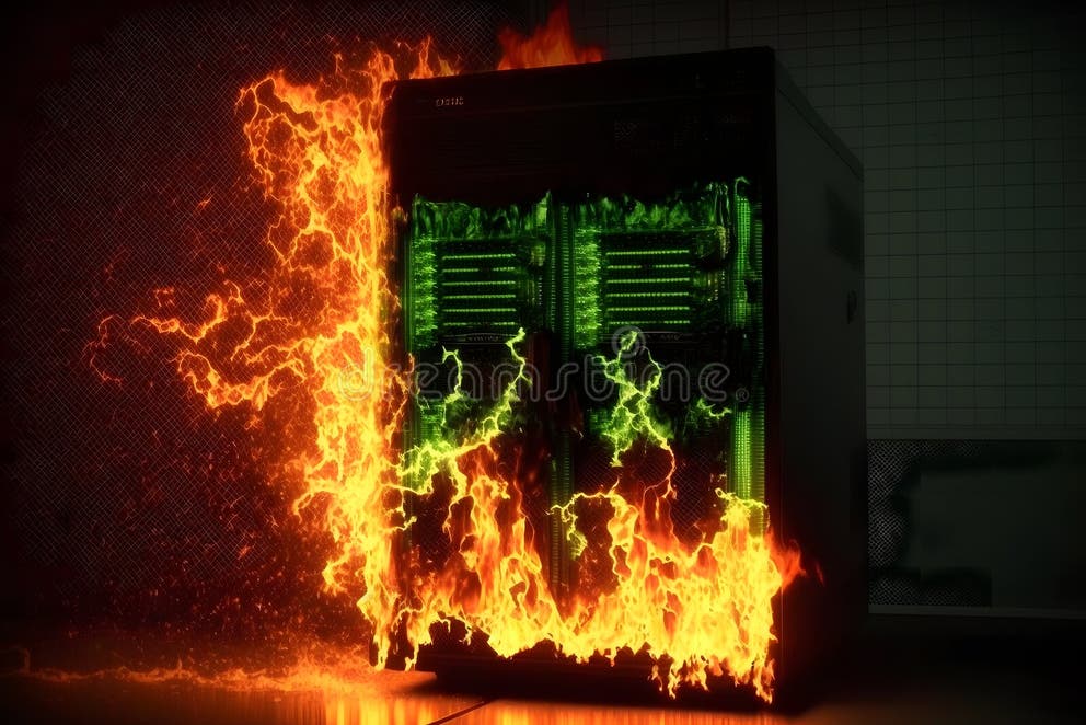Disaster in Server Room or Data Center Storage Room on Fire Burning ...