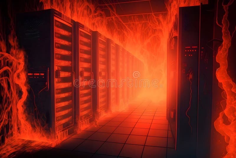 Disaster in Server Room or Data Center Storage Room on Fire Burning ...