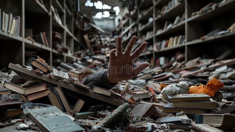 Disaster Strikes Collapsed Library Ruins of Knowledge Surreal ...