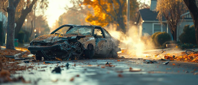 Disaster Zone: Severe Car Accident in Residential Setting. Stock ...