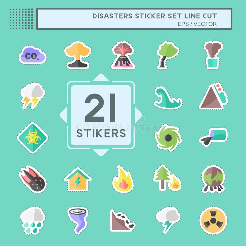 Disasters Sticker Set in Trendy Line Cut Isolated on Blue Background ...