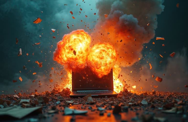 Disastrous Exploding Computer Desktop. Home Accident. Fire, Smoke ...