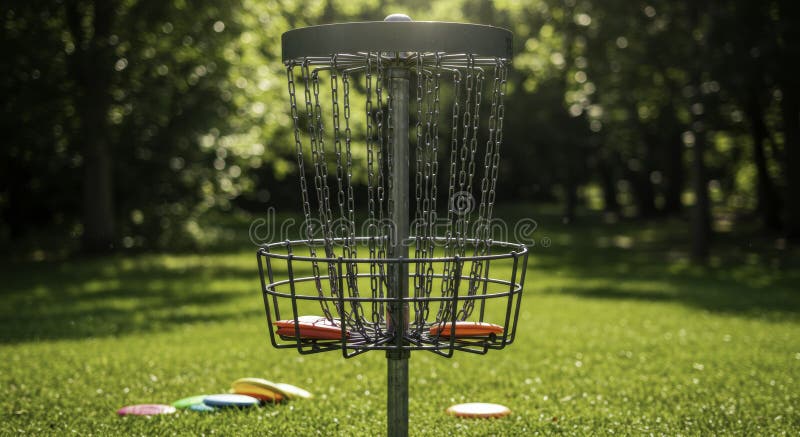 Disc Golf Basket with Discs in the Grass, Outdoor Activity in a Park ...