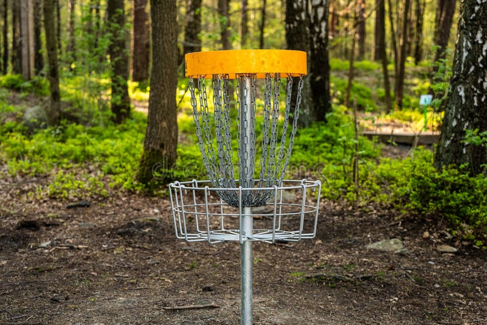 Disc Golf Target in a Forest.. Stock Image - Image of silver, equipment ...