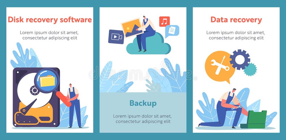 Disc Recovery Software Cartoon Banners. Workers Characters Fixing Hard ...