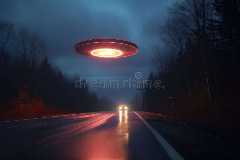 A Disc-shaped Object with Bright Lights Over a Deserted Highway Stock ...