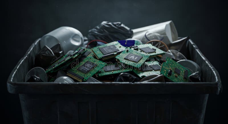 Discarded AI Processors in a Recycling Bin Obsolete Technology Waste ...