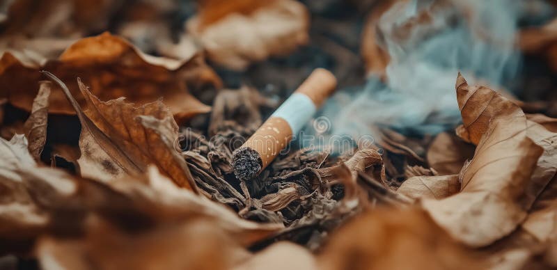 Discarded Cigarette on Fallen Leaves with Smoke Rising, Concept of ...