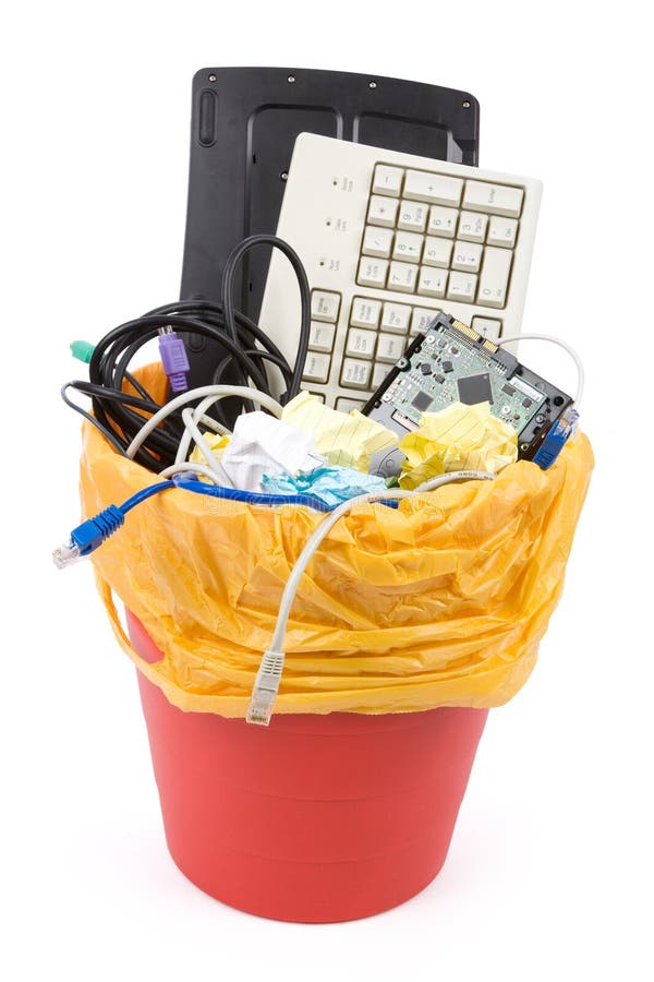 Different Computer Parts in Trash Can Stock Photo - Image of disk ...