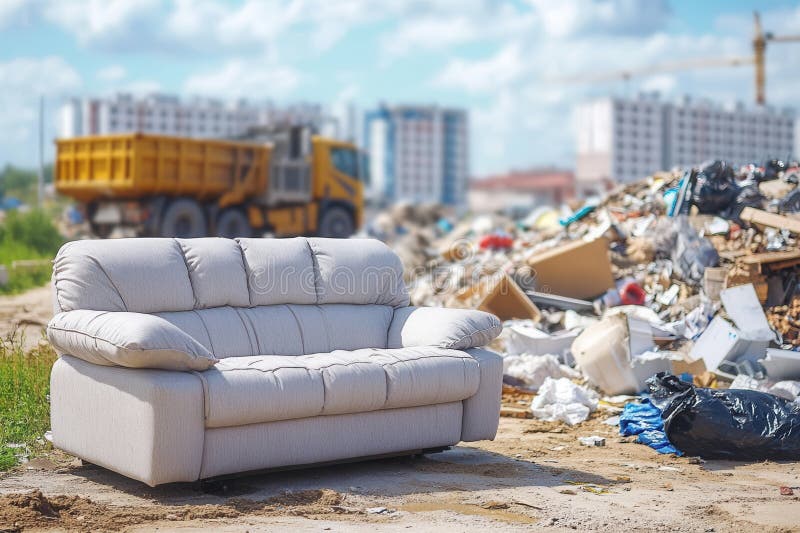 Discarded Couch in Front of a Construction Site and a Waste Heap in ...