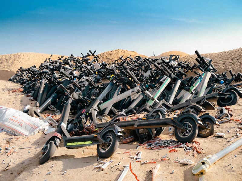 Discarded E-scooters in Landfill Stock Illustration - Illustration of ...