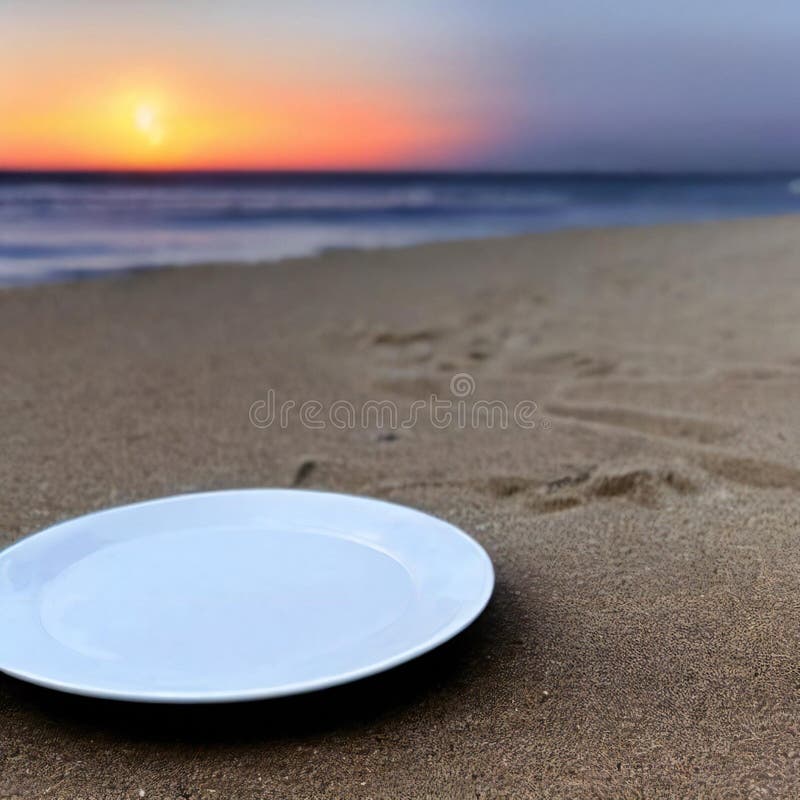 Discarded Garbage on the Sandy Beach. Empty White Ceramic Plate ...