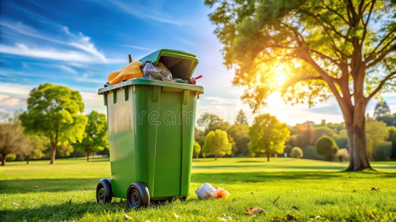 Discarded Green Recycling Bin with Wheels in Urban Park a Visual ...