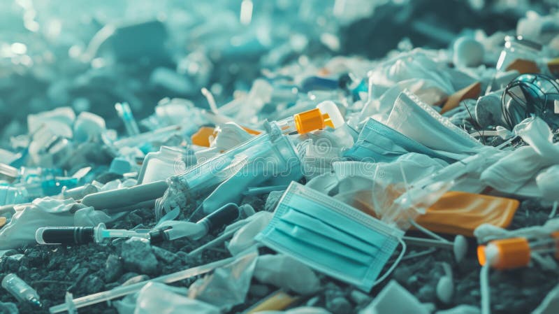 Discarded Medical Waste and Face Masks in a Dumpster Stock Illustration ...