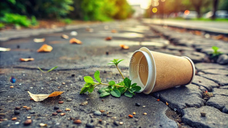 Discarded Paper Cup and Sprouting Plant on a Pavement. Generative AI ...