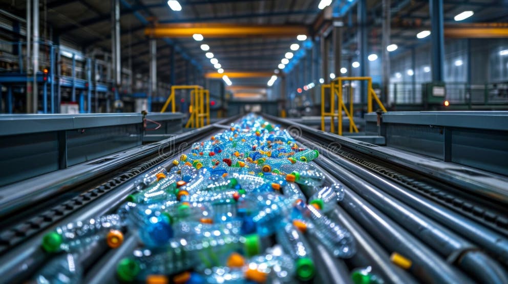 Conveyor Belt Transporting Discarded Plastic Bottles in a Recycling ...
