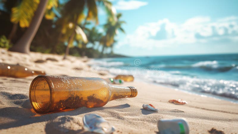 Discarded Plastic Bottles and Waste on the Beach. Stock Illustration ...