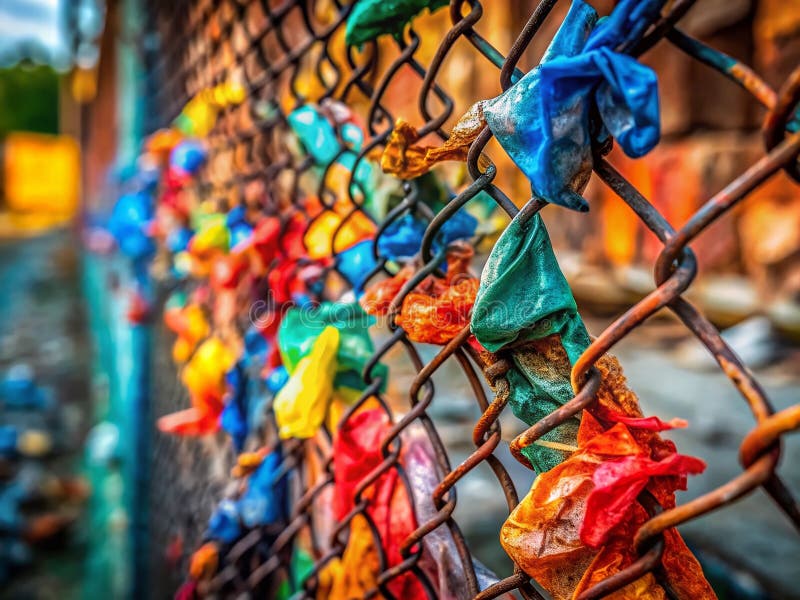 Discarded Plastic Debris Tangled Around a Weathered Rusty Fence a ...