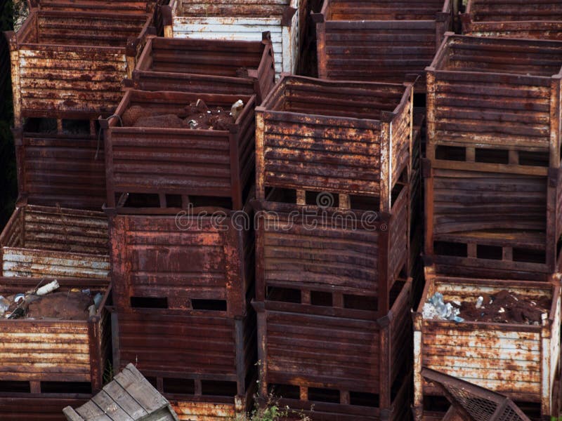 Discarded Rusty Metal Storage Boxes Stacked Stock Photo - Image of dark ...