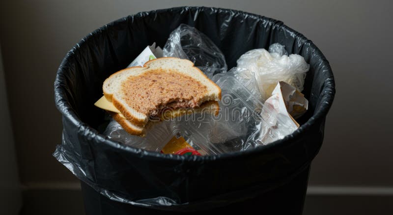 Discarded Sandwich with Meat Spread in Trash Can among Plastic Waste ...