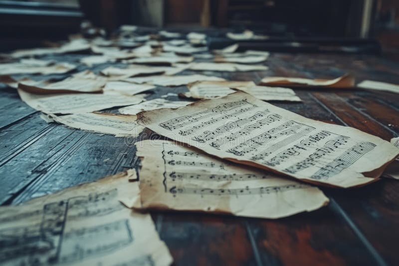Discarded Sheet Music Laying on the Floor of a Music Studio, Evoking ...