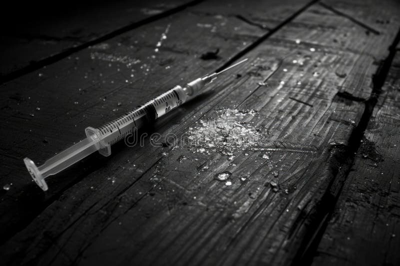 A Discarded Syringe Rests on a Worn Wooden Surface, Alongside a Pile of ...