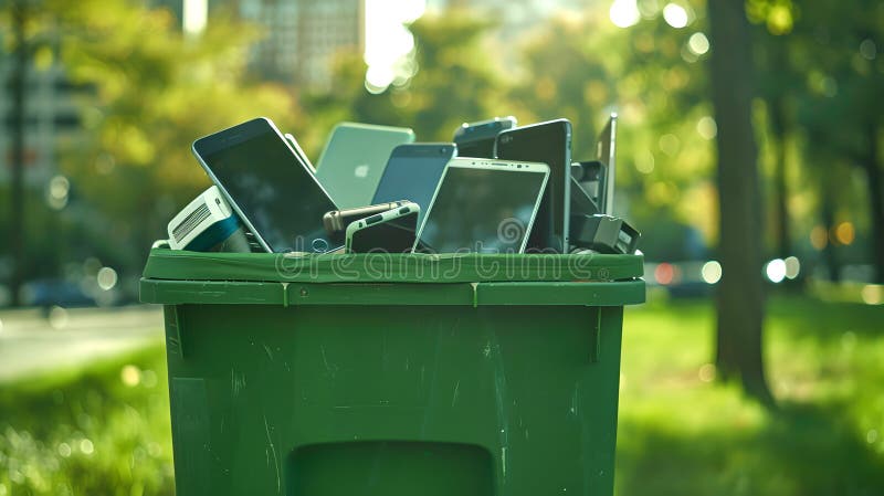 Discarded Tech in Green Bin Shows Electronic Waste Issue. a Modern ...