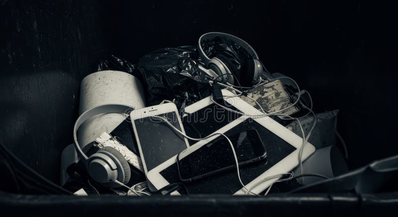 Discarded Tech Recycling Bin Pile of Old Electronics Headphones Tablets ...