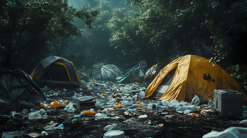 Discarded Trash Surrounds Abandoned Tents in a Forest Camping Site ...
