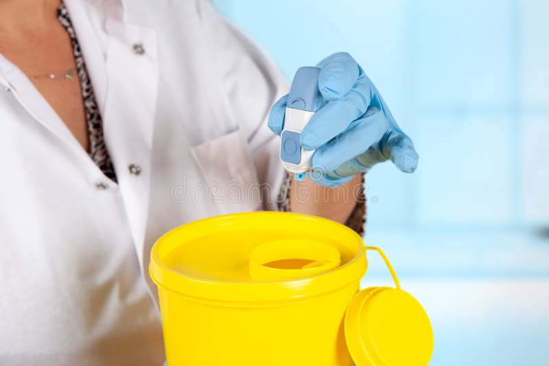 Discarding Used Needle with Safe Needle Container Stock Image - Image ...