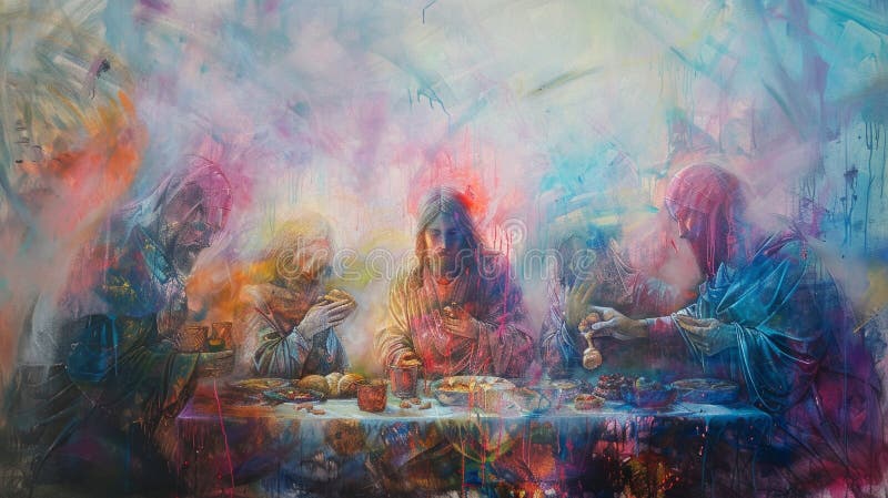 Disciples Gather Around a Table with Jesus, Sharing Bread and Wine in a ...