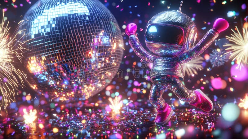 Disco Astronaut Dancing with Fireworks and Disco Ball in Colorful ...