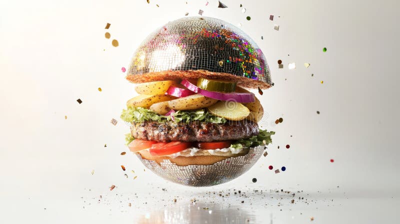 Disco Ball Burger with Confetti on a White Background Stock Image ...