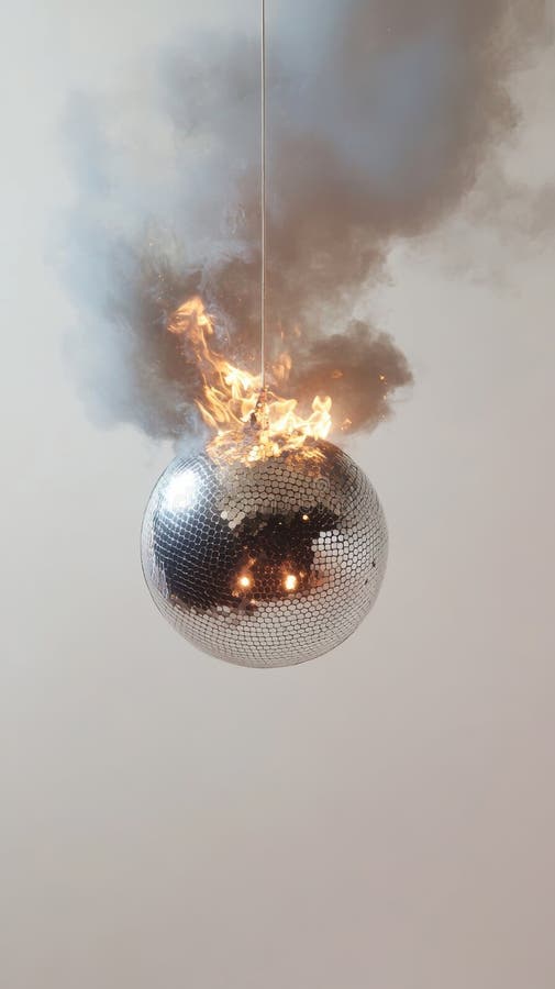 Disco Ball on Fire with Smoke Against White Background, Dramatic ...